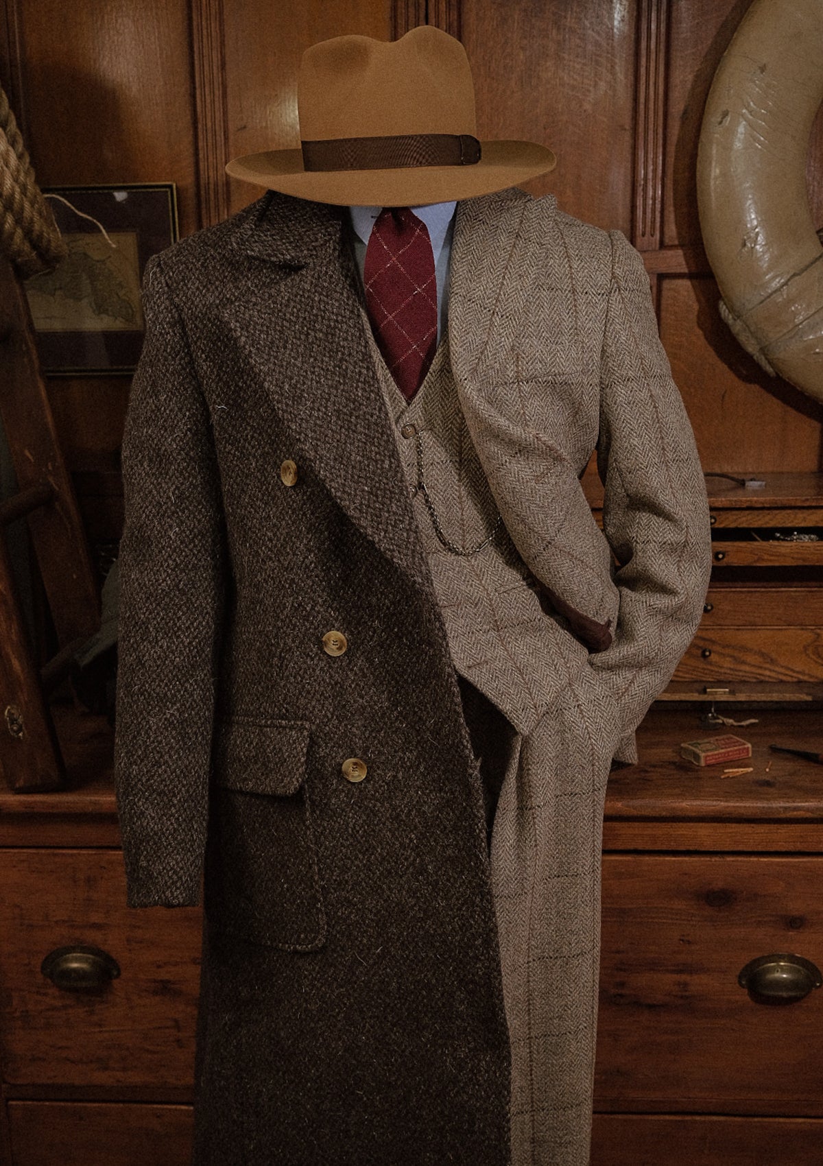 Bawden Double Breasted Pure Wool Overcoat - Faded Brown Barleycorn ...