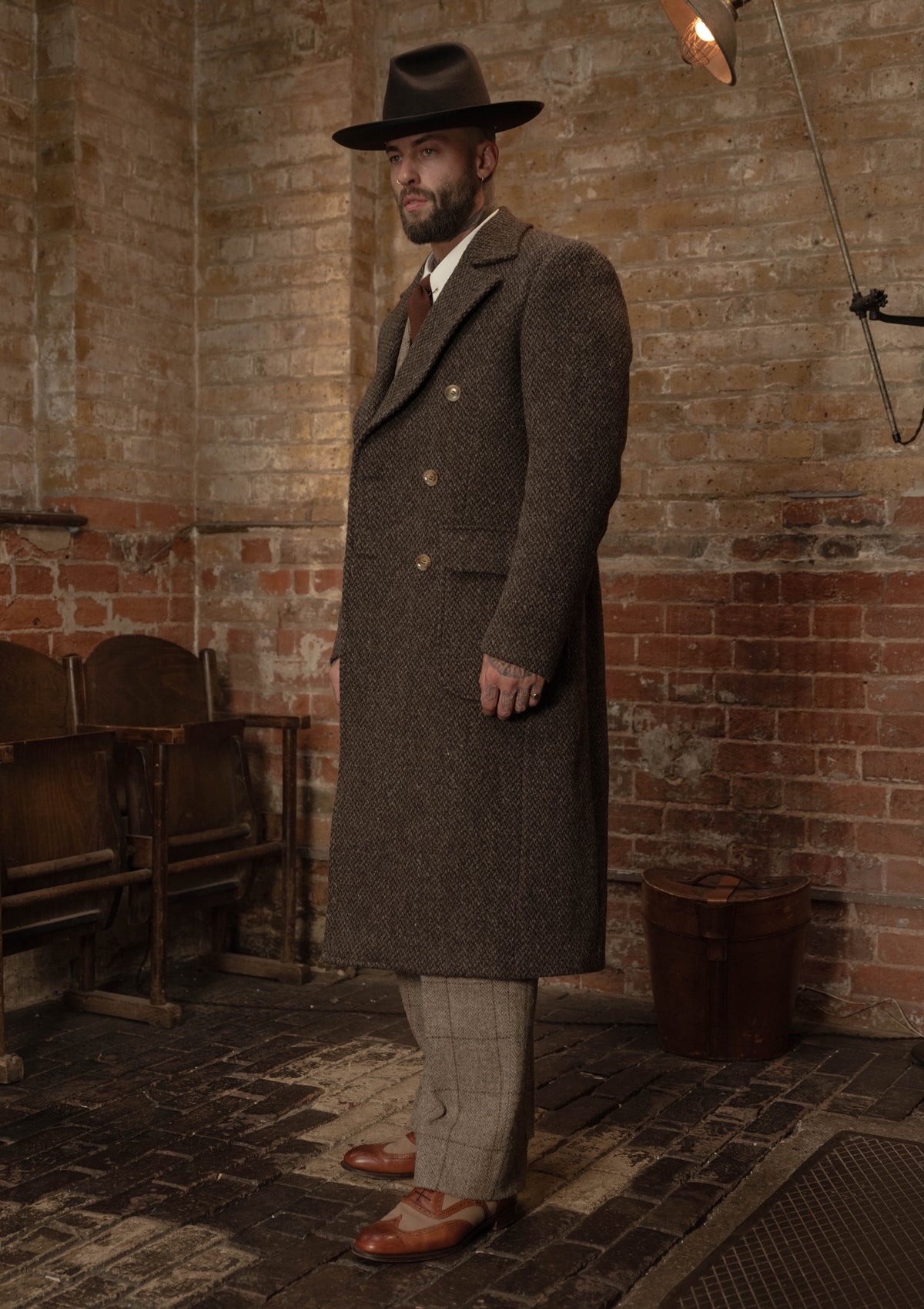 Bawden Double Breasted Pure Wool Overcoat - Faded Brown Barleycorn ...