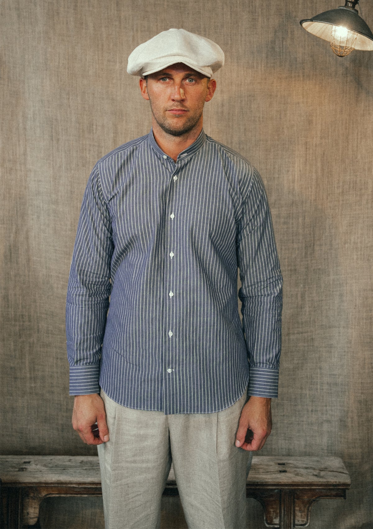 Grandad Collar Cotton Shirt - Blue Stripe – Thomas Farthing London